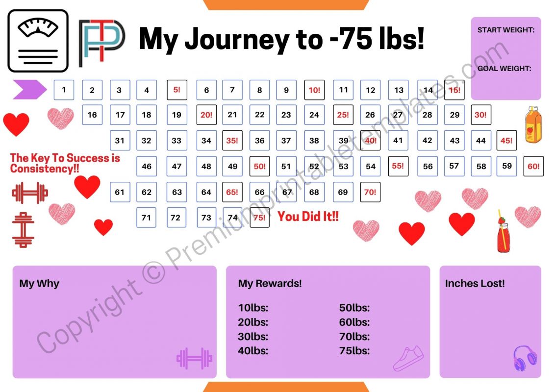 Printable Weight Loss Tracker, 100 Pounds - Premium Printable Templates