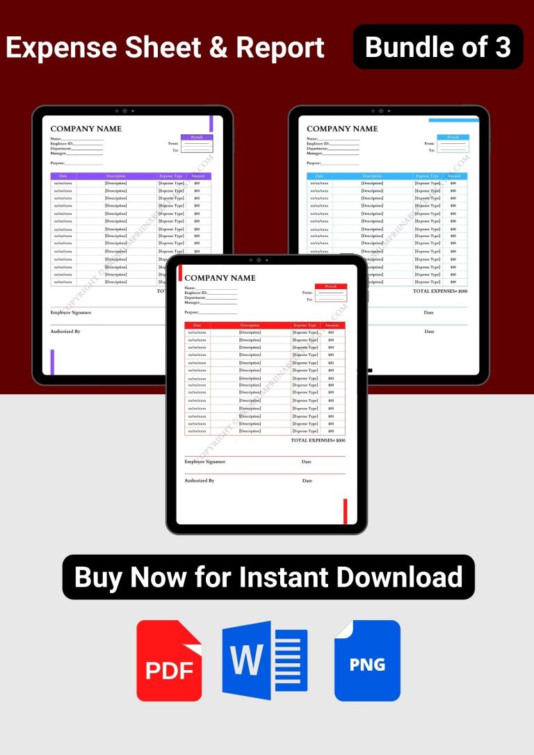 Expense Sheet & Report in PDF and Word [Pack of 3]