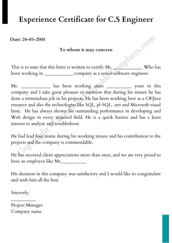 Experience Certificate For C.S Engineer Template in PDF and Word