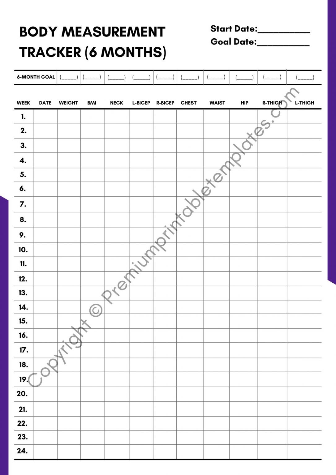 Body Measurement Tracker in PDF & Word(6 months)
