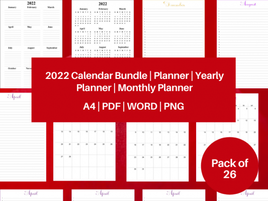 2022 Calendar Bundle | Printable Editable Monthly Calendars [Pack of 26]