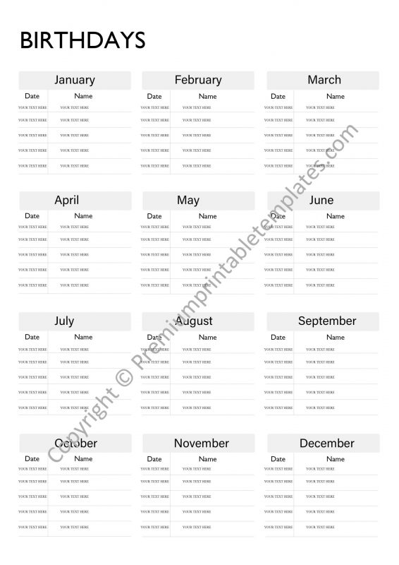 Birthday Tracker Printable Template - Premium Printable Templates