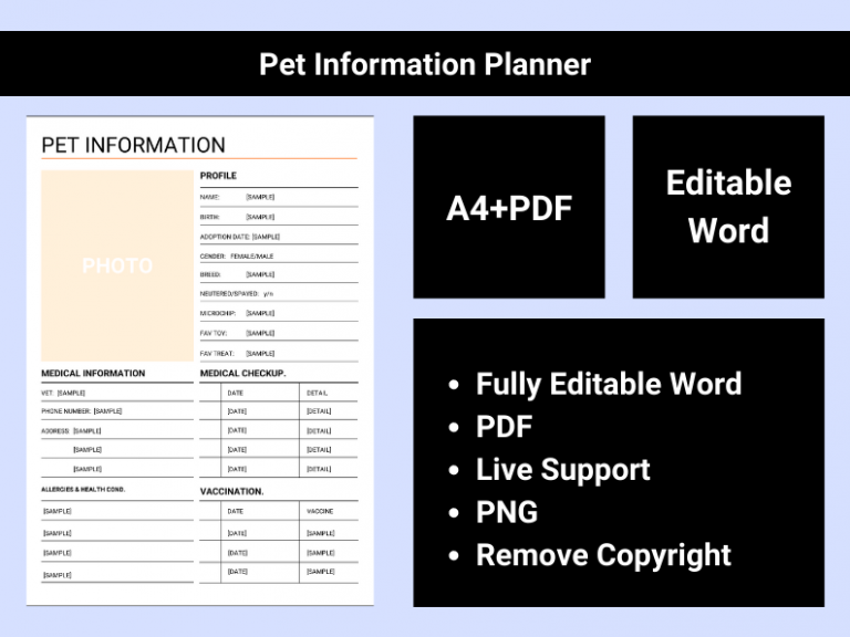Pet Information Planner Printable Template in PDF & Word