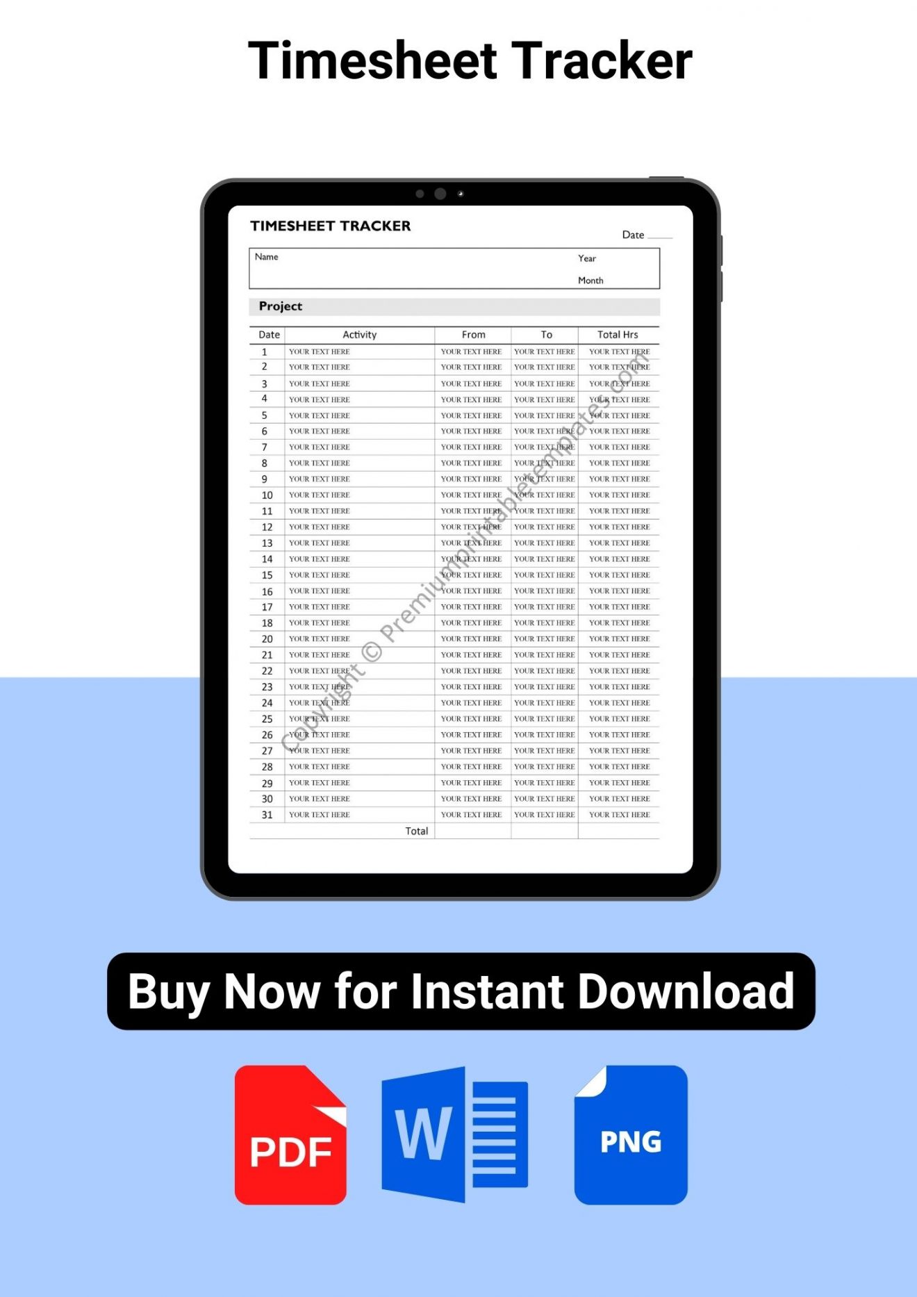 Timesheet Tracker Printable in PDF and Word Format