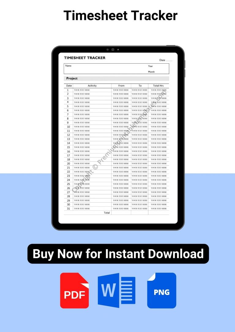 Timesheet Tracker Printable in PDF and Word Format