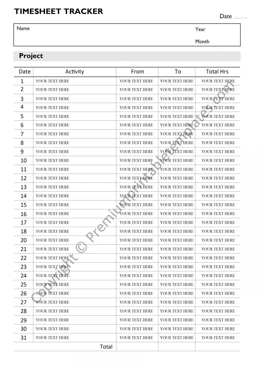 Timesheet Tracker Printable in PDF and Word Format