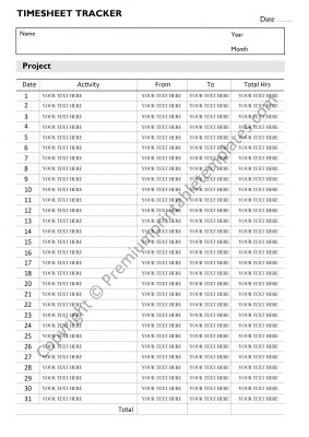 Timesheet Tracker Printable in PDF and Word Format
