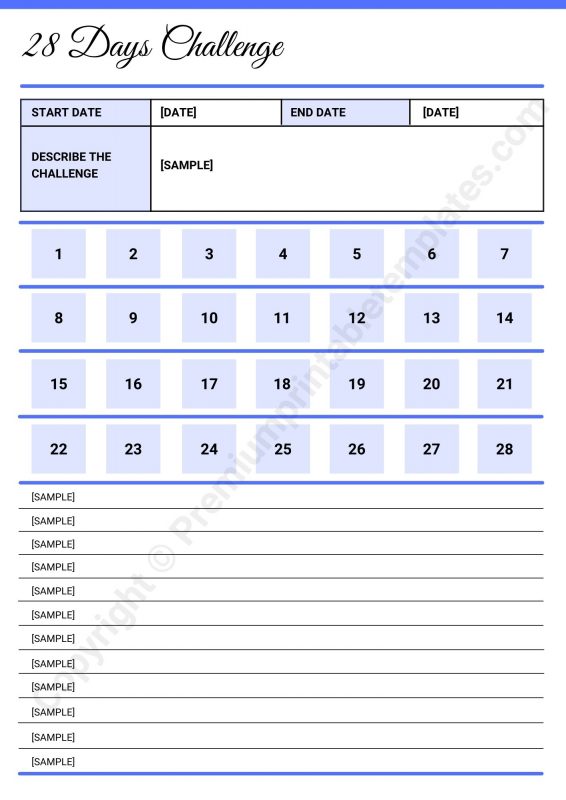 28 Day Challenge Template Printable in PDF & Word [Pack of 6]