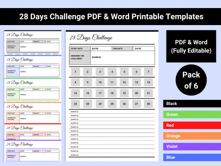 28 Day Challenge Template Printable in PDF & Word [Pack of 6]