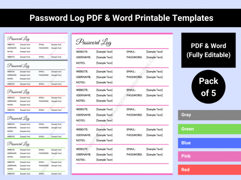 Password Log Printable Template in PDF & Word (Pack of 5)