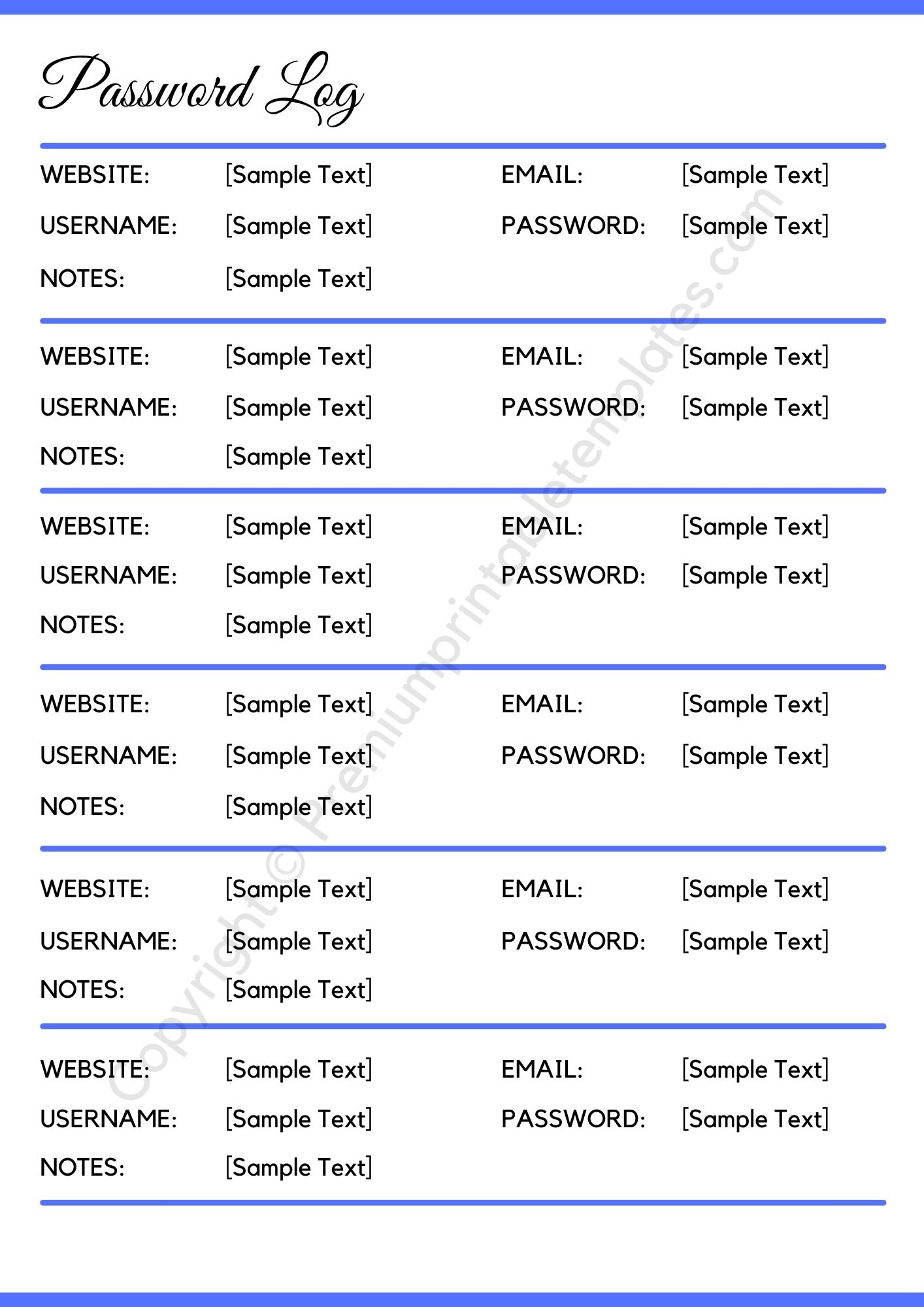 Password Log Printable Template in PDF & Word (Pack of 5)