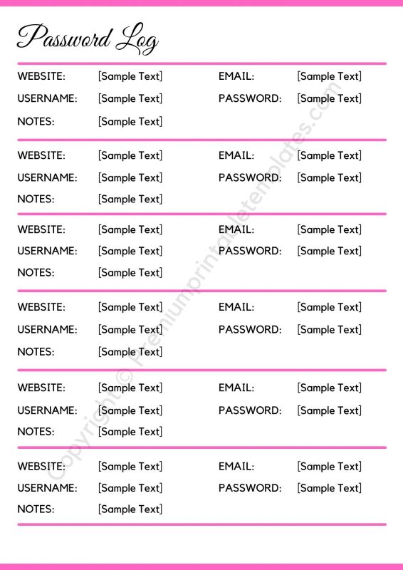 Password Log Printable Template in PDF & Word (Pack of 5)