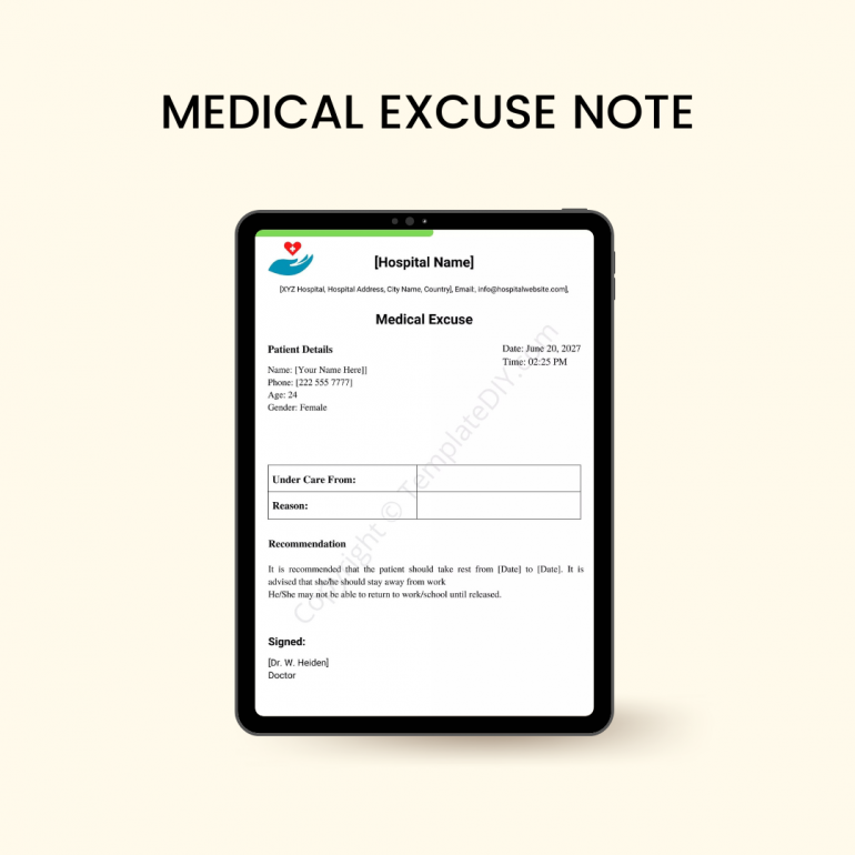 Medical Excuse Note Template Printable in PDF & Word