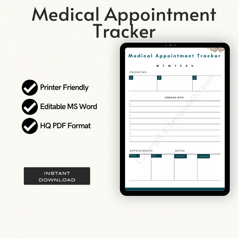 Medical Appointment Tracker Printable Template in Pdf & Word