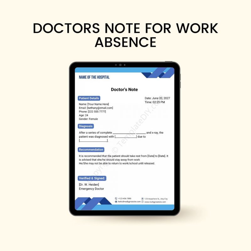Doctors Note For Work Absence Template Printable in Pdf & Word