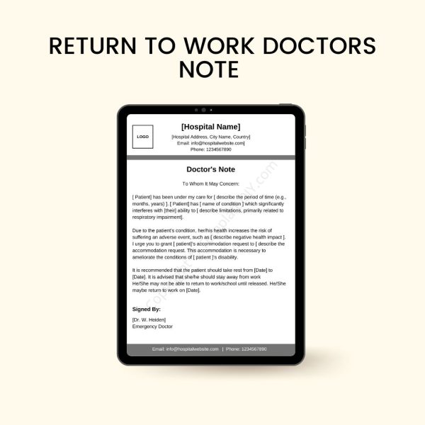 Return to Work Doctors Note Template Printable in Pdf & Word