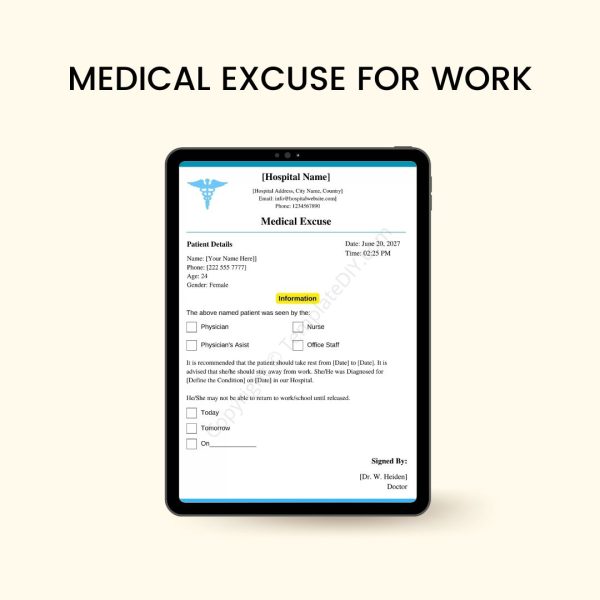 Medical Excuse for Work Template Printable in PDF & Word