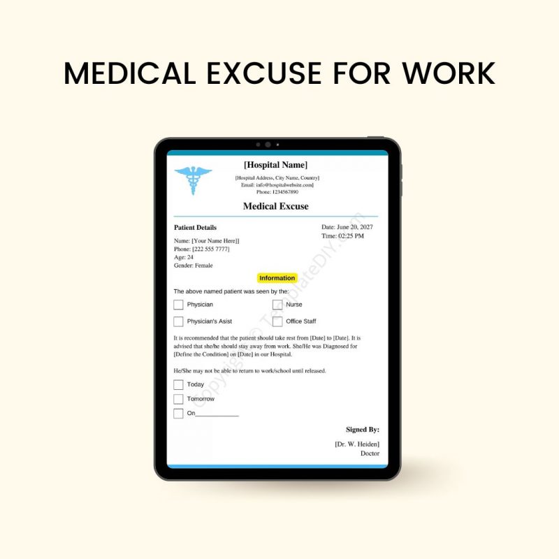 Medical Excuse for Work Template Printable in PDF & Word