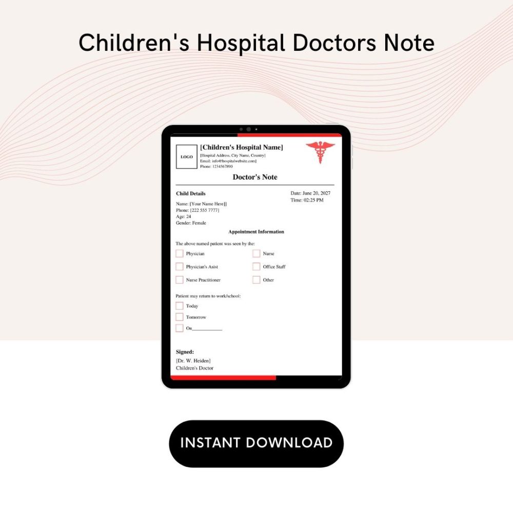 Children's Hospital Doctors Note Template Printable in PDF & Word