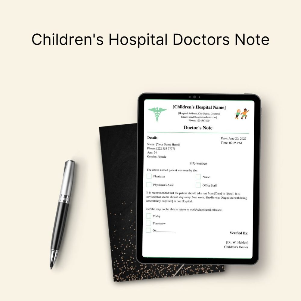 Children's Hospital Doctors Note Template Printable in PDF & Word