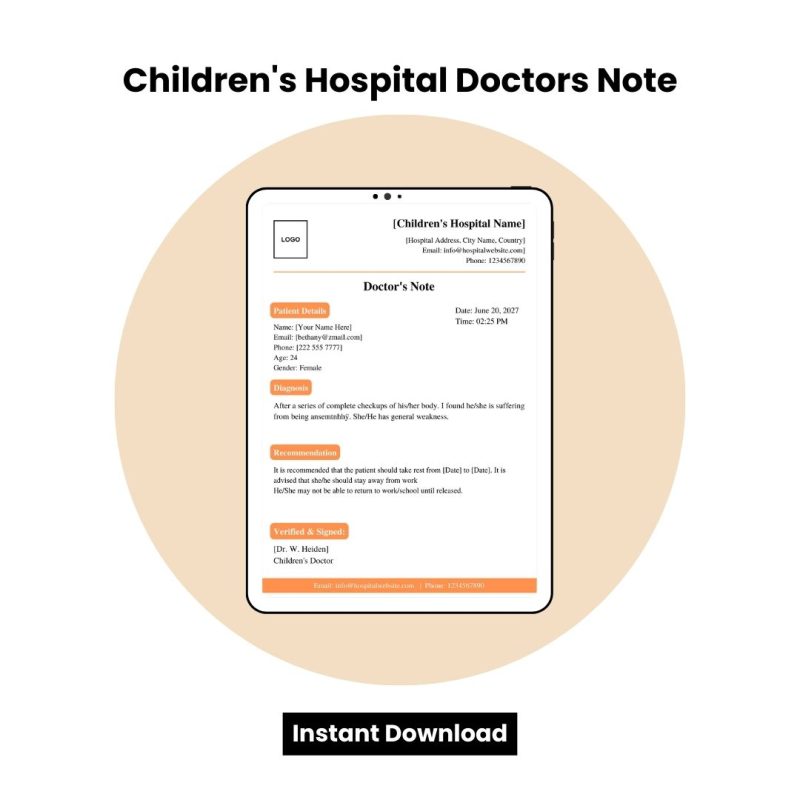 Children's Hospital Doctors Note Template Printable in PDF & Word