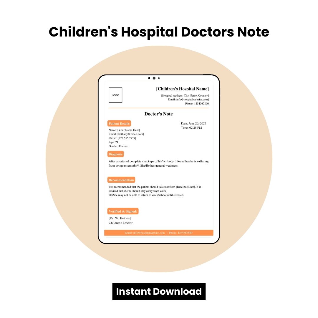 Children's Hospital Doctors Note Template Printable in PDF & Word Children's Hospital Doctors Note Template Printable in PDF & Word