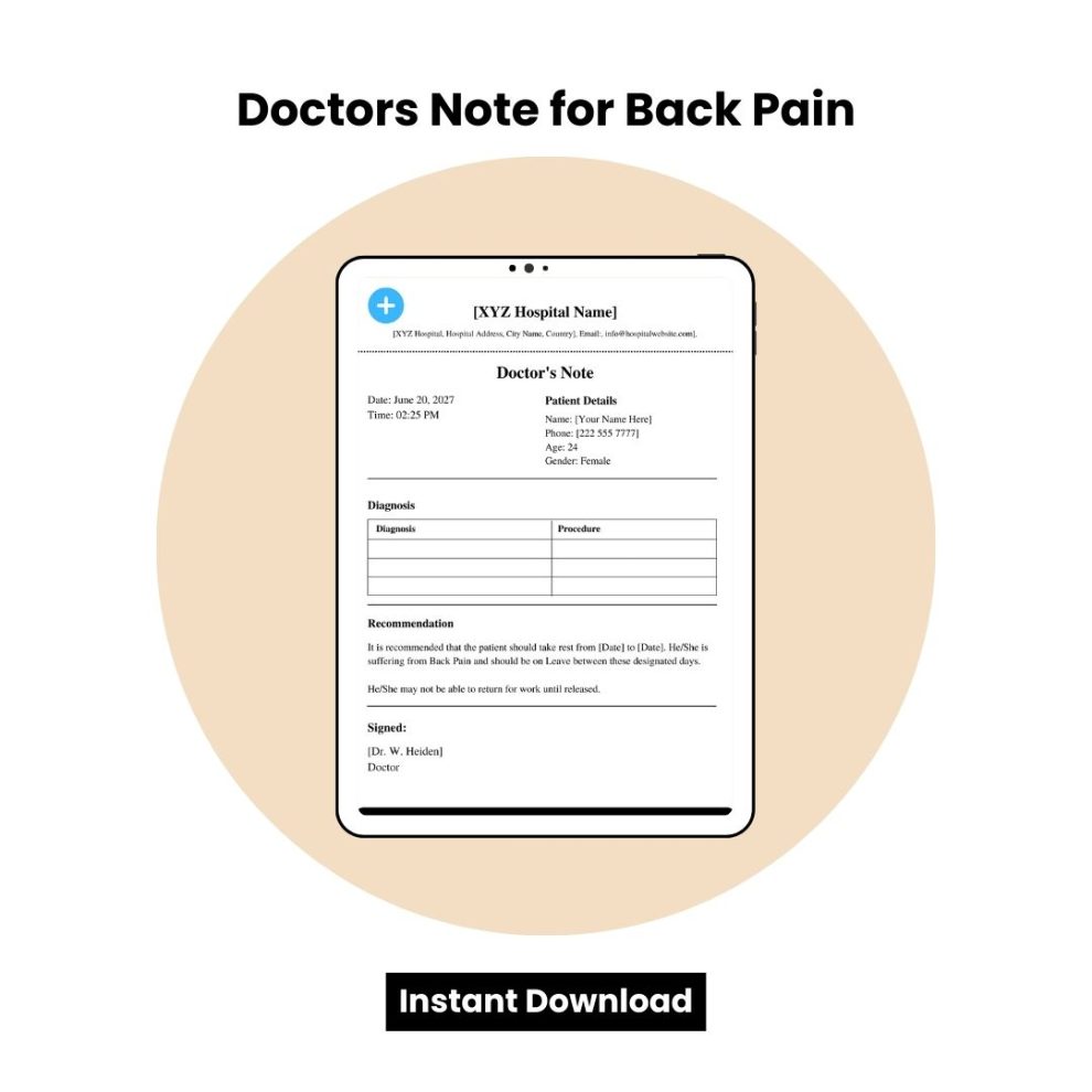 Doctors Note for Back Pain Template Printable in PDF & Word