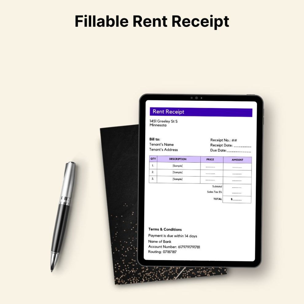 Fillable Rent Receipt Printable Template [Pdf & Word] (Pack of 5)