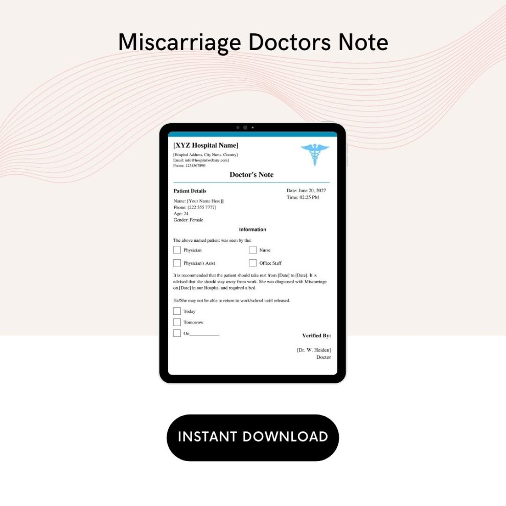 Miscarriage Doctors Note Template Printable in PDF & Word