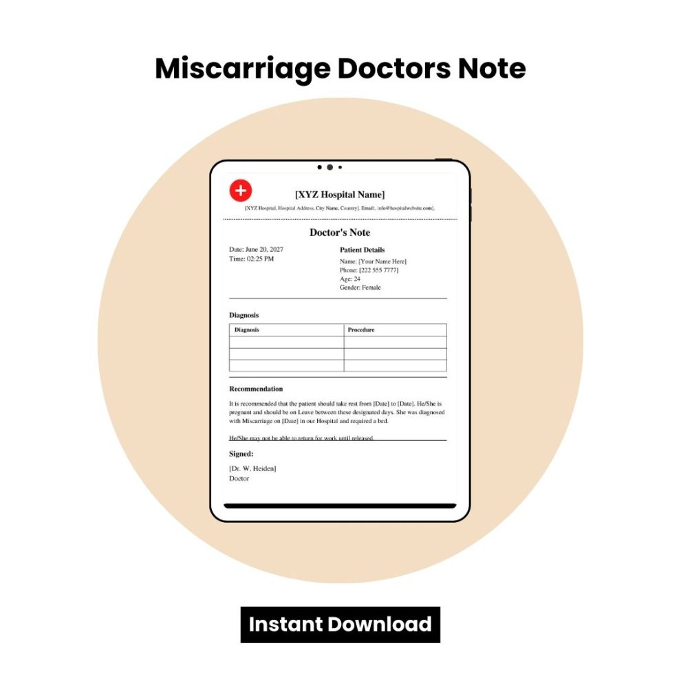 Miscarriage Doctors Note Template Printable in PDF & Word