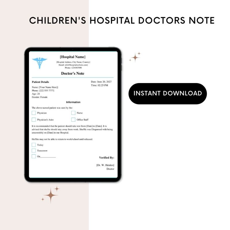 Children's Hospital Doctors Note Template Printable in PDF & Word Children's Hospital Doctors Note Template Printable in PDF & Word