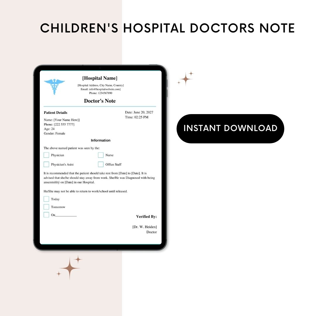 Children's Hospital Doctors Note Template Printable in PDF & Word