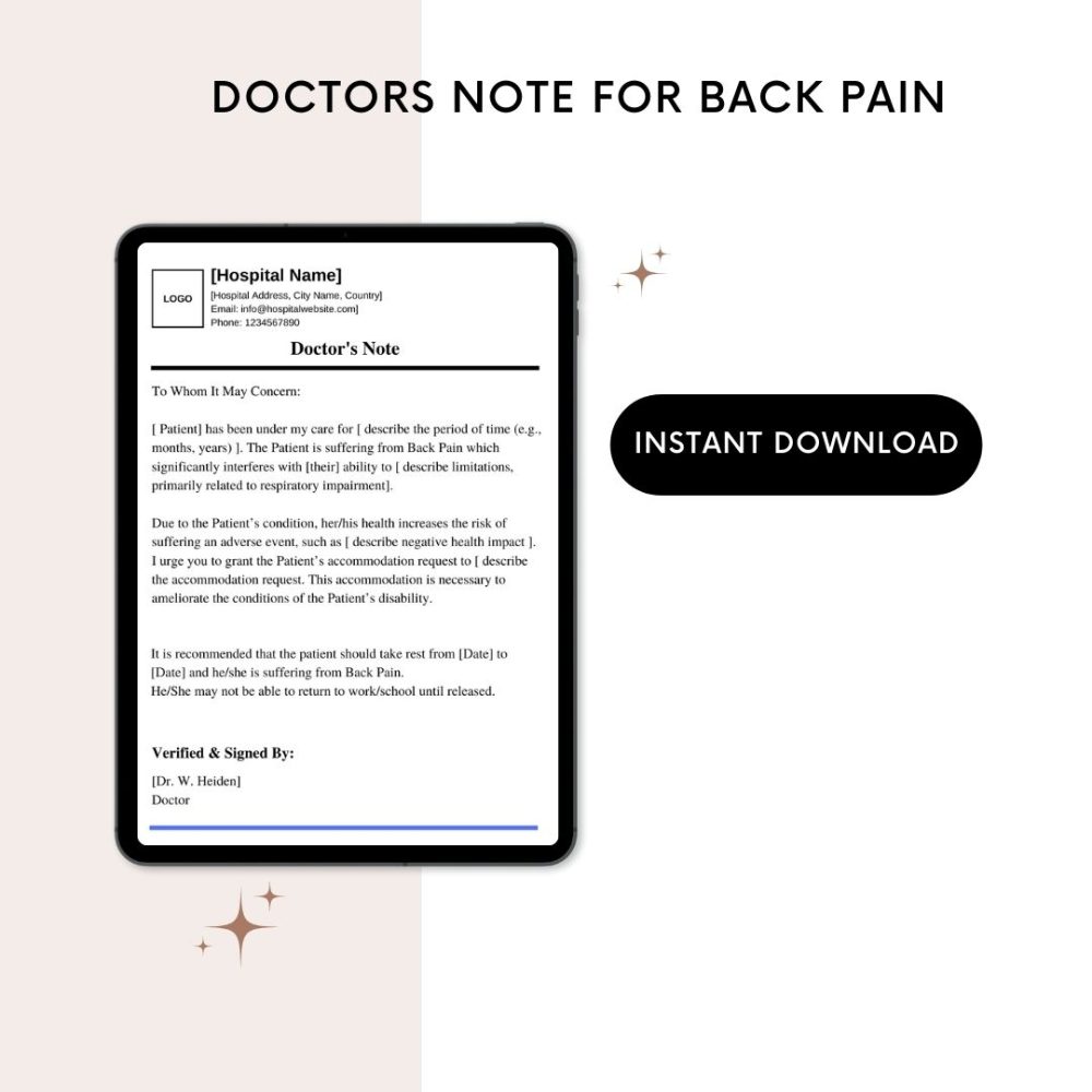 Doctors Note for Back Pain Template Printable in PDF & Word