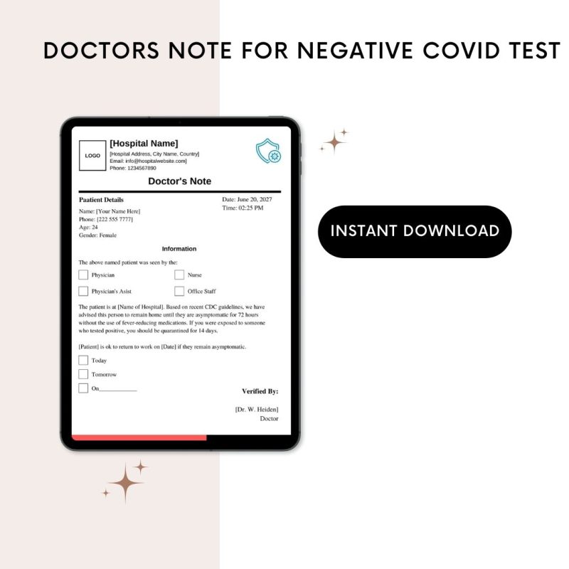 Doctors Note for Negative Covid Test Printable in PDF & Word