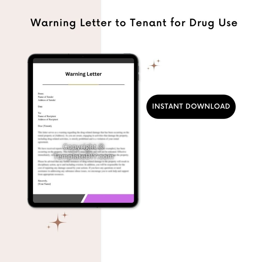 Warning Letter to Tenant for Drug Use Printable Sample Examples