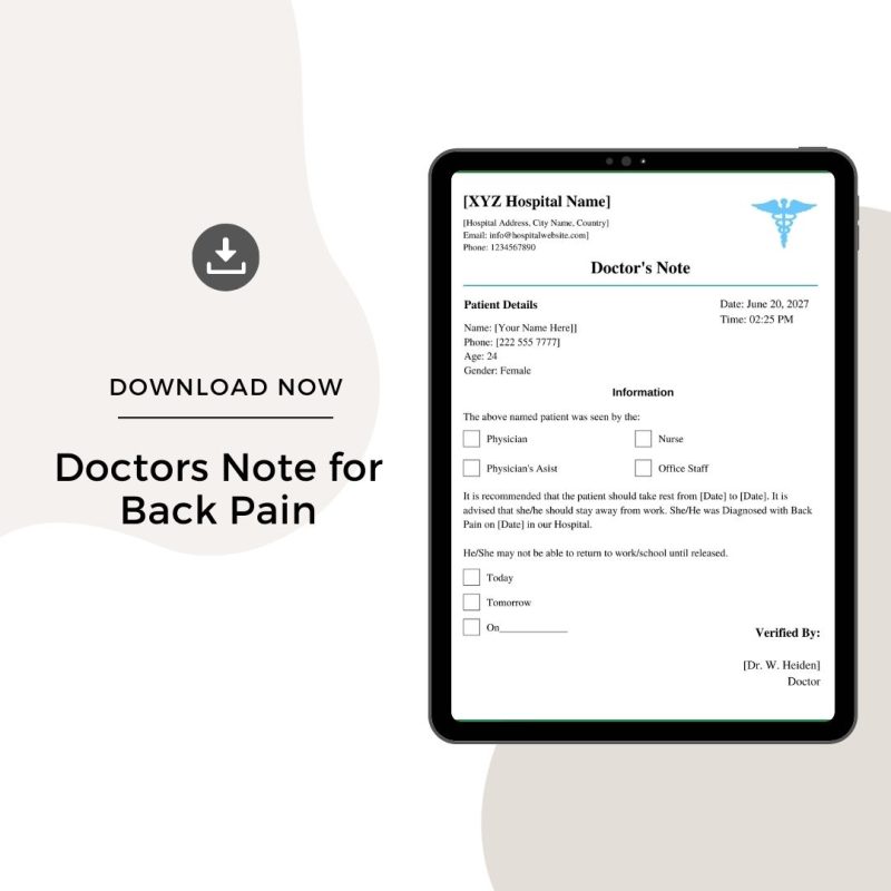 Doctors Note for Back Pain Template Printable in PDF & Word