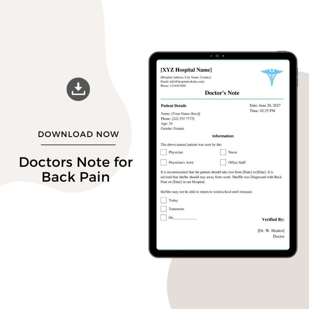 Doctors Note for Back Pain Template Printable in PDF & Word