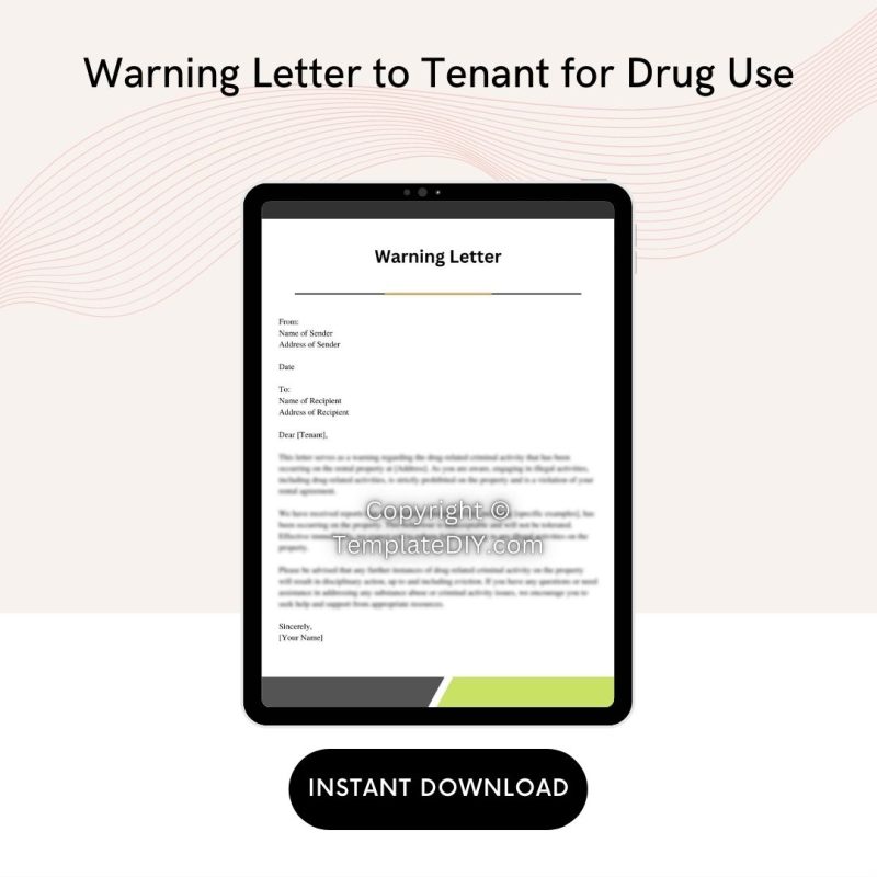 Warning Letter to Tenant for Drug Use Printable Sample Examples